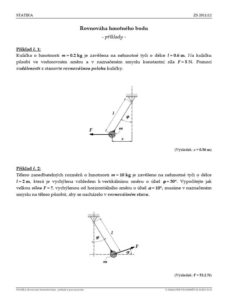 STATIKA Rovnovaha+Hmotneho+Bodu+ +Priklady+k+Procviceni | PDF