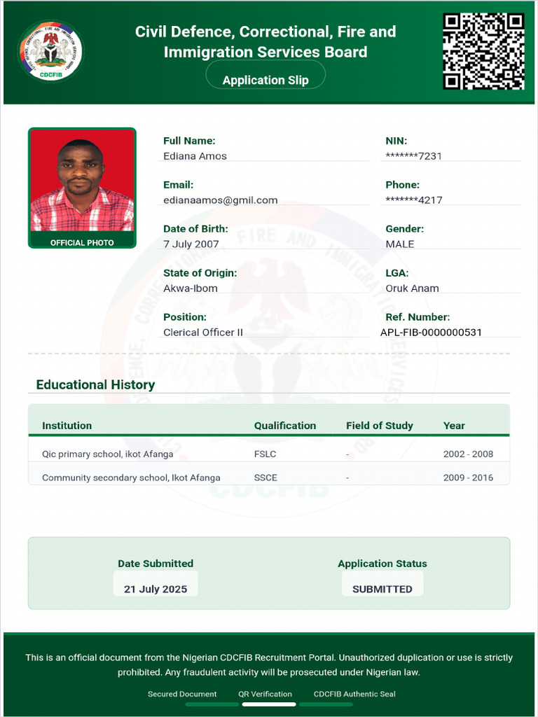 Ediana - Godwin Amos-Application-slip | PDF