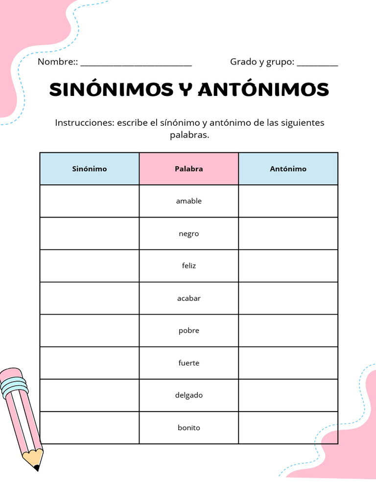 Hoja de Trabajo Sinónimos y Antónimos Sencillo Azul y Rosa | PDF