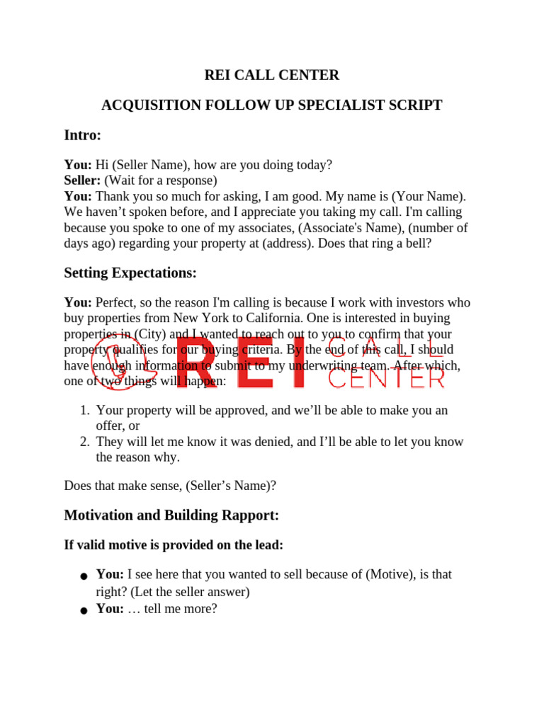 REI Call Center Follow-Up Script | PDF