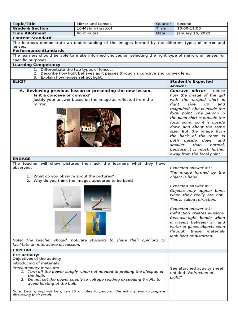 Detailed Lesson Plan CLRD - Lenses | PDF | Glass Applications | Equipment