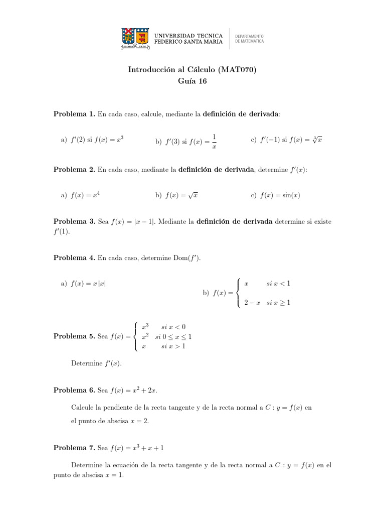 Mat070 - Guía 16 Derivada 1 | PDF | Derivado | Línea (geometría)