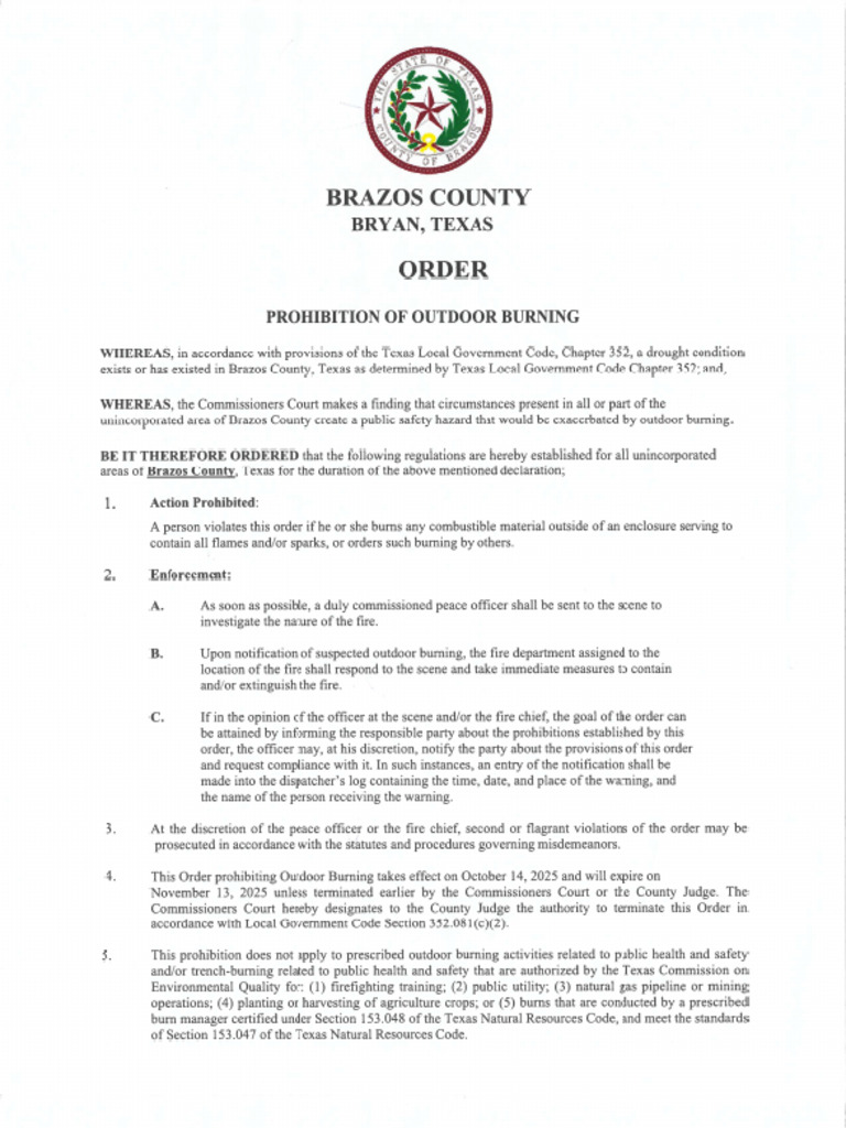 Brazos County Burn Ban Order 10-14-2025 | PDF
