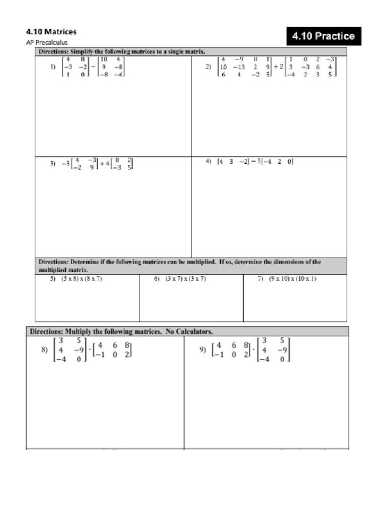 Day 32 - Topic 4.10 Matrices HW | PDF