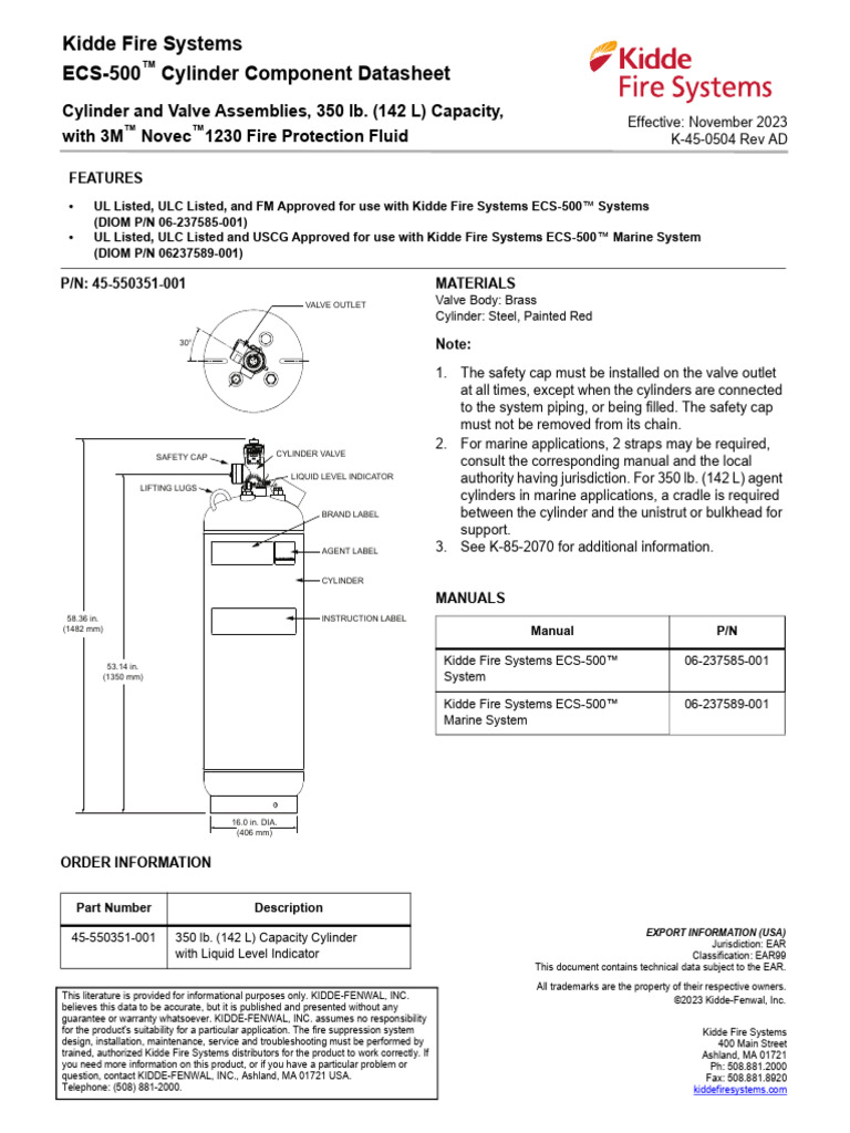 Kidde ECS-500™ Cylinder Datasheet | PDF | Valve | Mechanical Engineering
