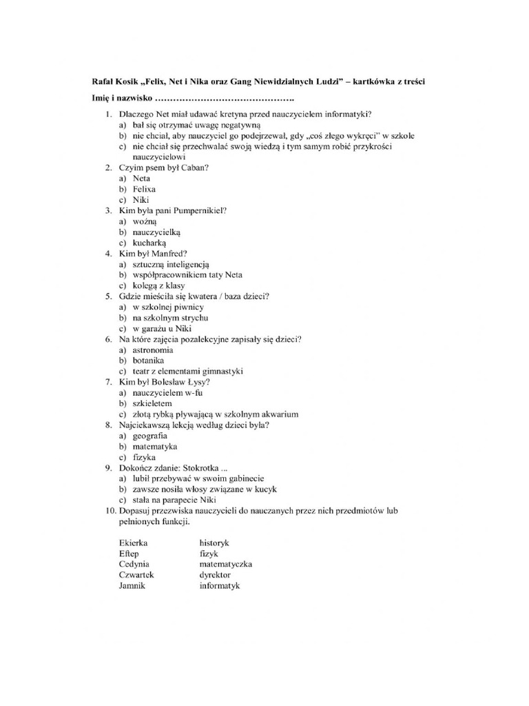 Test Z Lektury Felix, Net I Nika | PDF