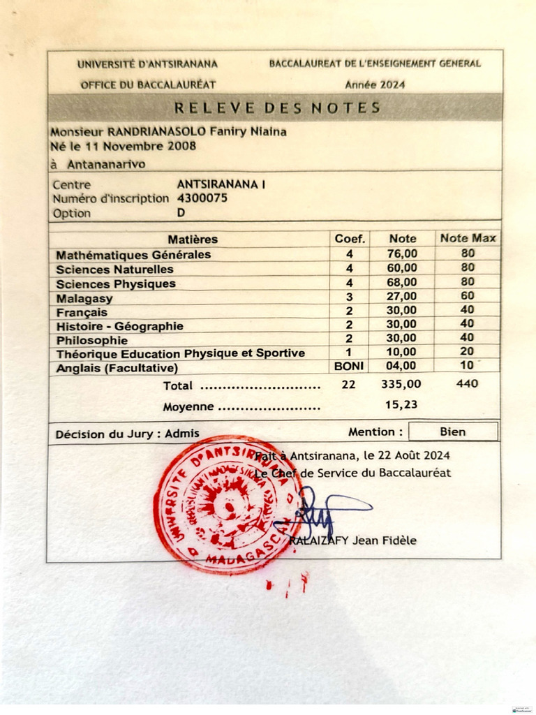 Releve de Note Bacc | PDF