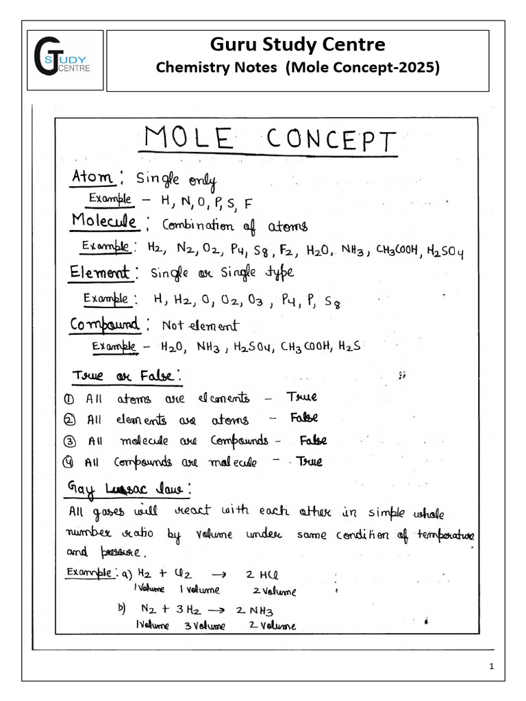 Chemistry Mole Concept Notes 2025 | PDF