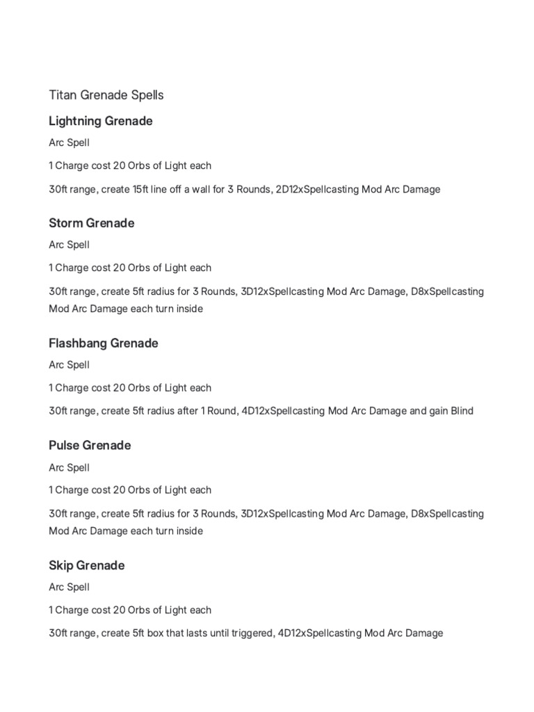 D2DnD Titan Grenade Spells 031025 153019 | PDF | Explosive Weapons