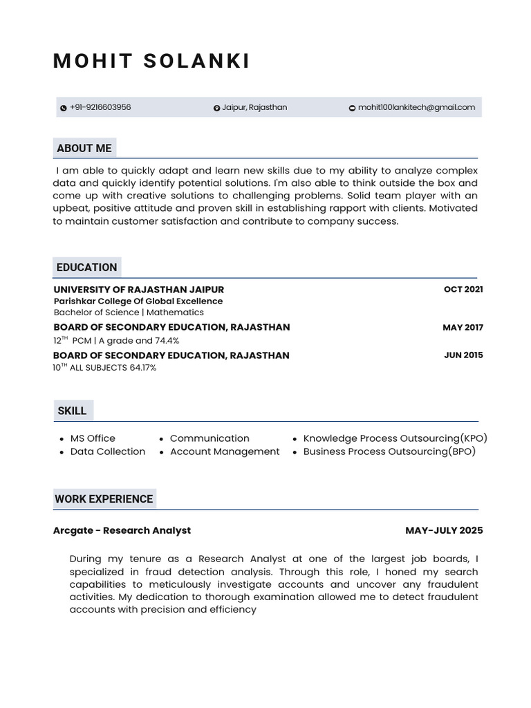 Research Analyst Resume - Mohit Solanki | PDF