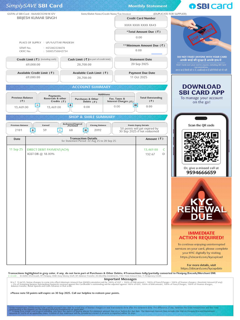 SBI Card Statement 2643 20-09-2025 | PDF | Credit Card | Payments