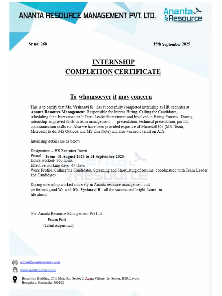 Internship Completion Certificate - HR Recruiter | PDF