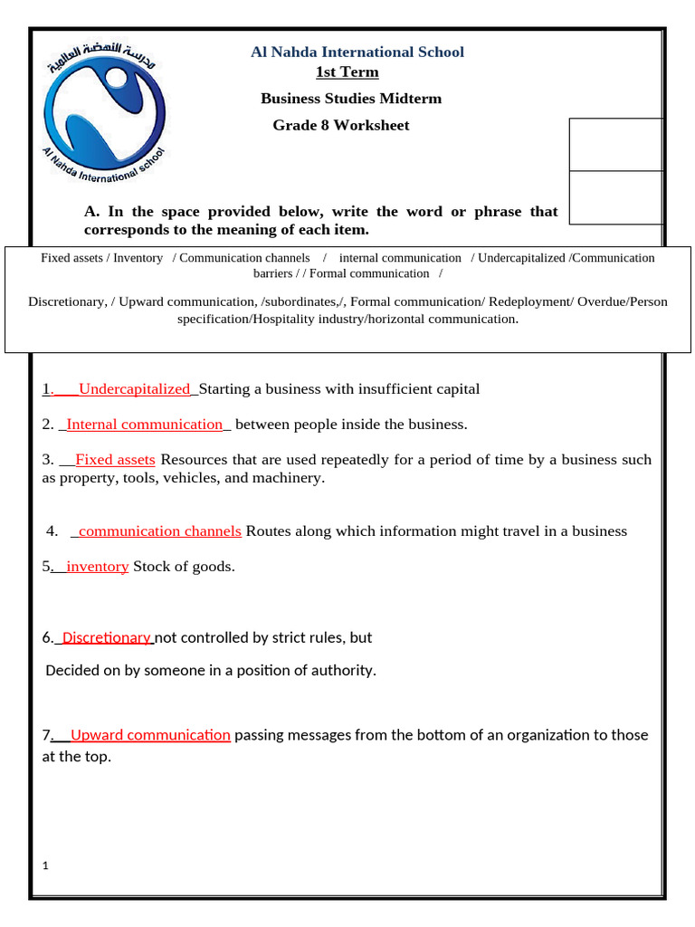Grade 8 Business Studies Midterm Worksheet | PDF | Communication | Business