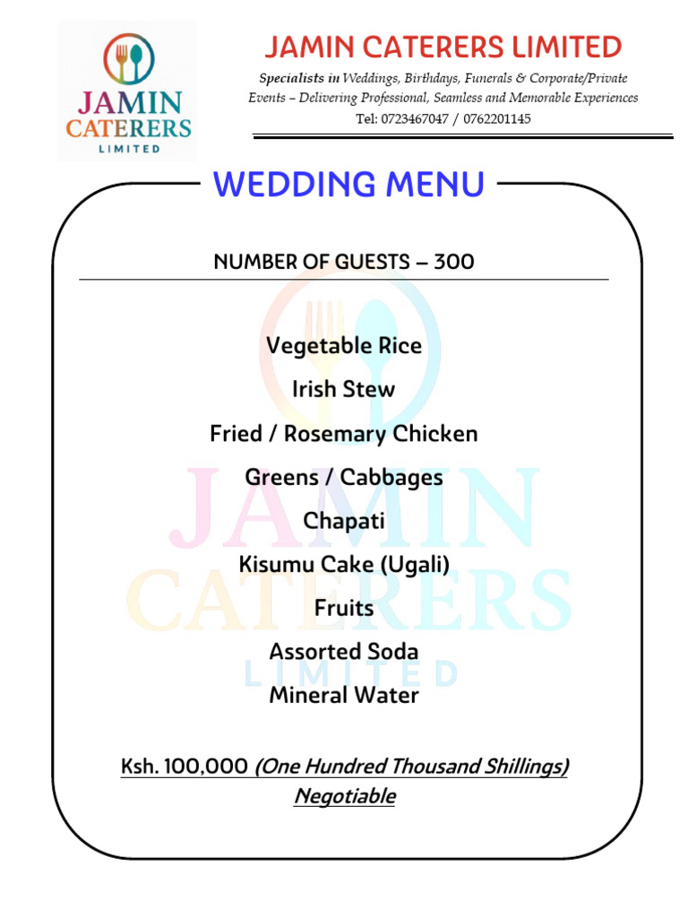 Jamin Caterers Limited - Wedding Menu | PDF
