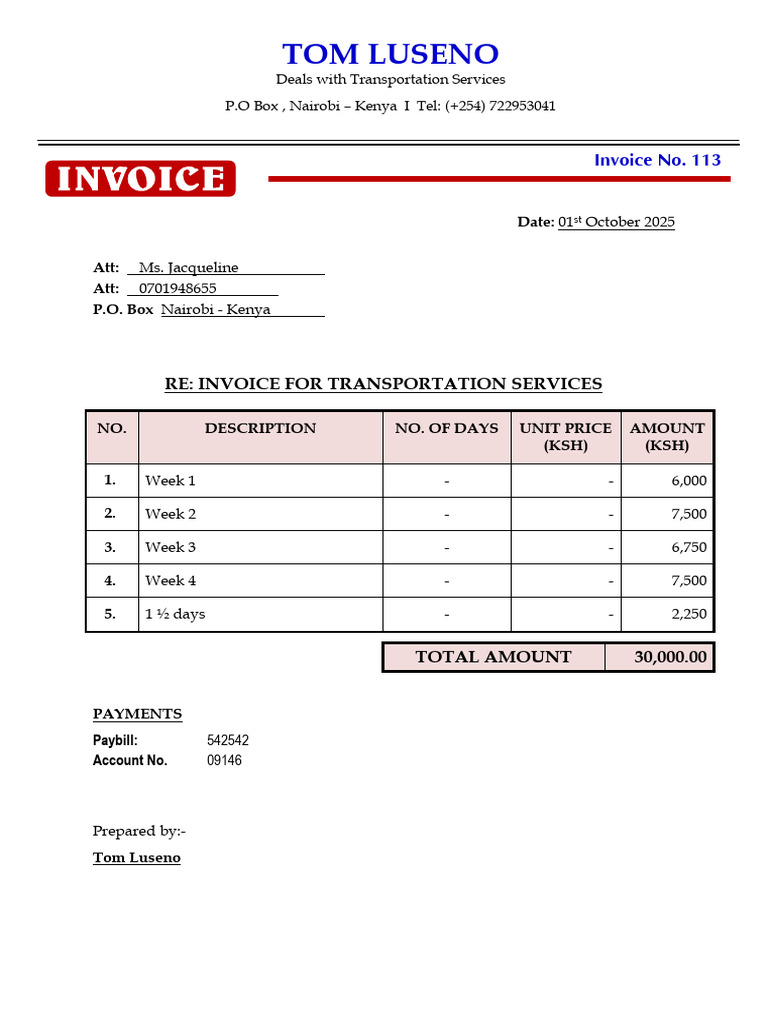Tom Luseno - Transport Services Invoice | PDF