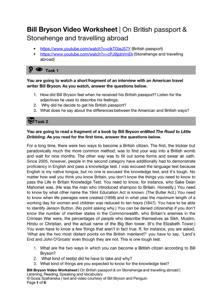 BIll Bryson VIdeo Worksheet PASSPORT | PDF