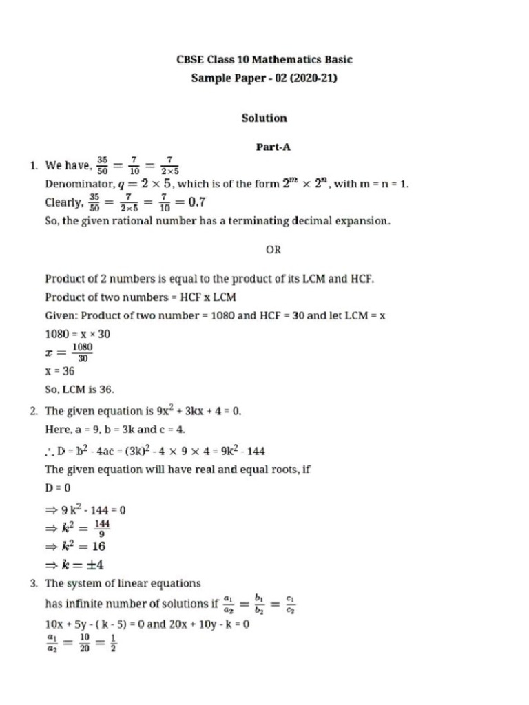 10 Sample Paper 2 Answer Key | PDF