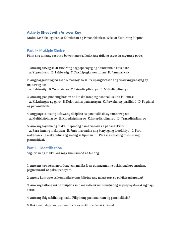 Activity Sheet With AnswerKey | PDF