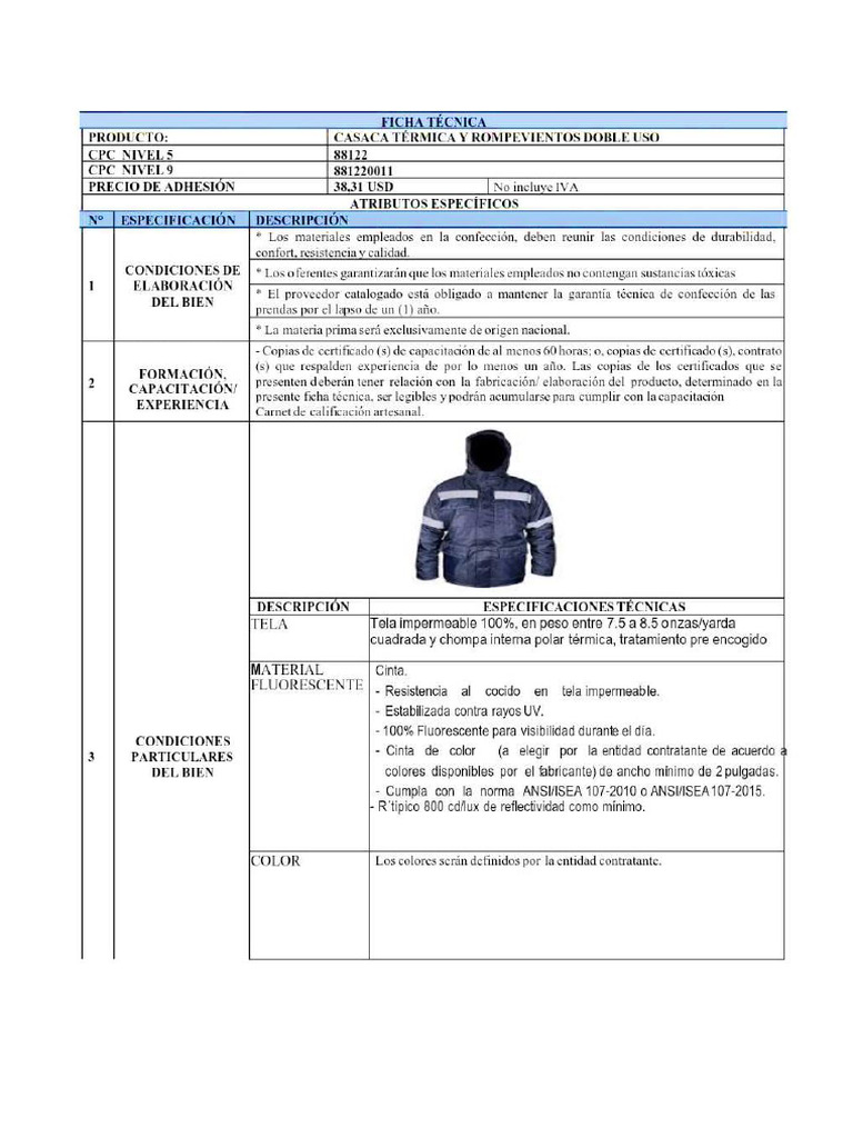 Ficha Tecnica de Casaca Termica Con Cinta Reflectiva | PDF
