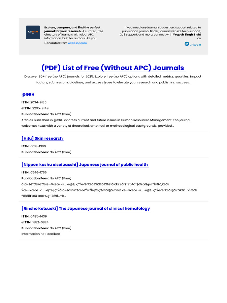 Free Journals Without APC Fees Directory | PDF
