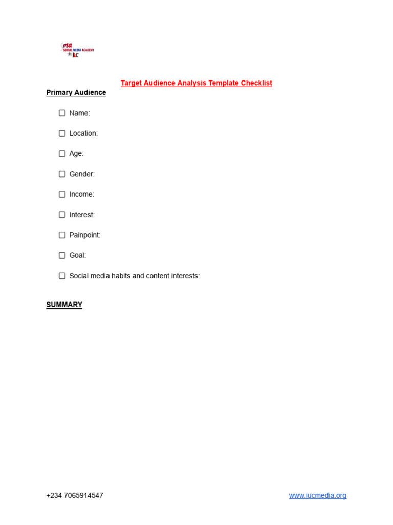 Target Audience Analysis Template Checklist | PDF