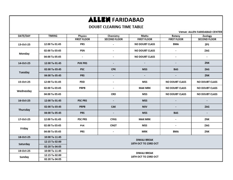 Doubt Clearing Time Table 13 Oct To 19 Oct' 2025 | PDF