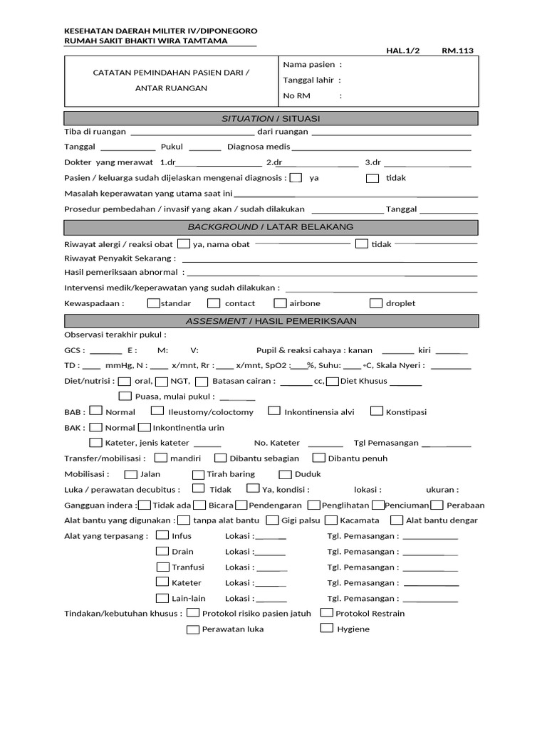 Form SBAR Pindah Pasien | PDF