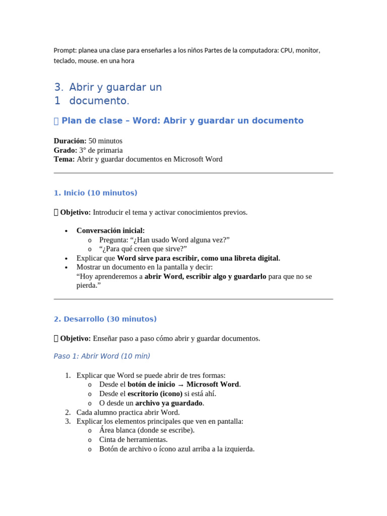 Plan de Clase Word: Abrir y Guardar Un Documento | PDF | Microsoft Word | Botón (Computación)