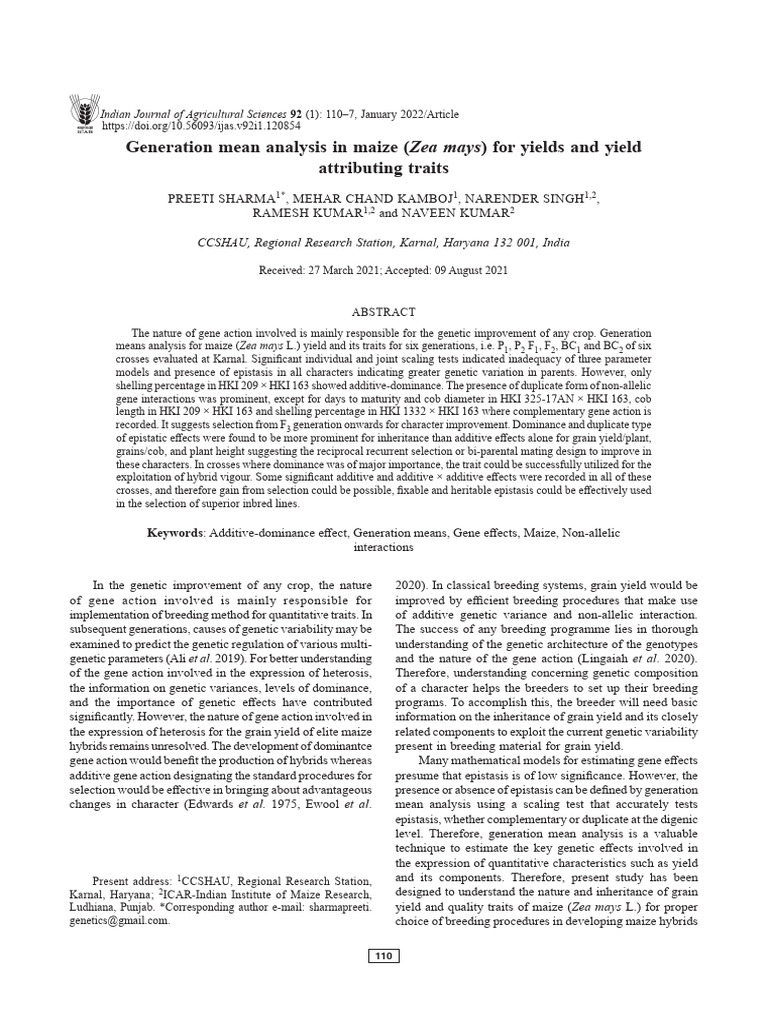 Generation Mean Analysis in Maize Zea Mays For Yie | PDF | Plant ...