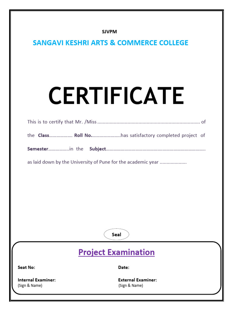 Project Completion Certificate BCOM 1st Year | PDF