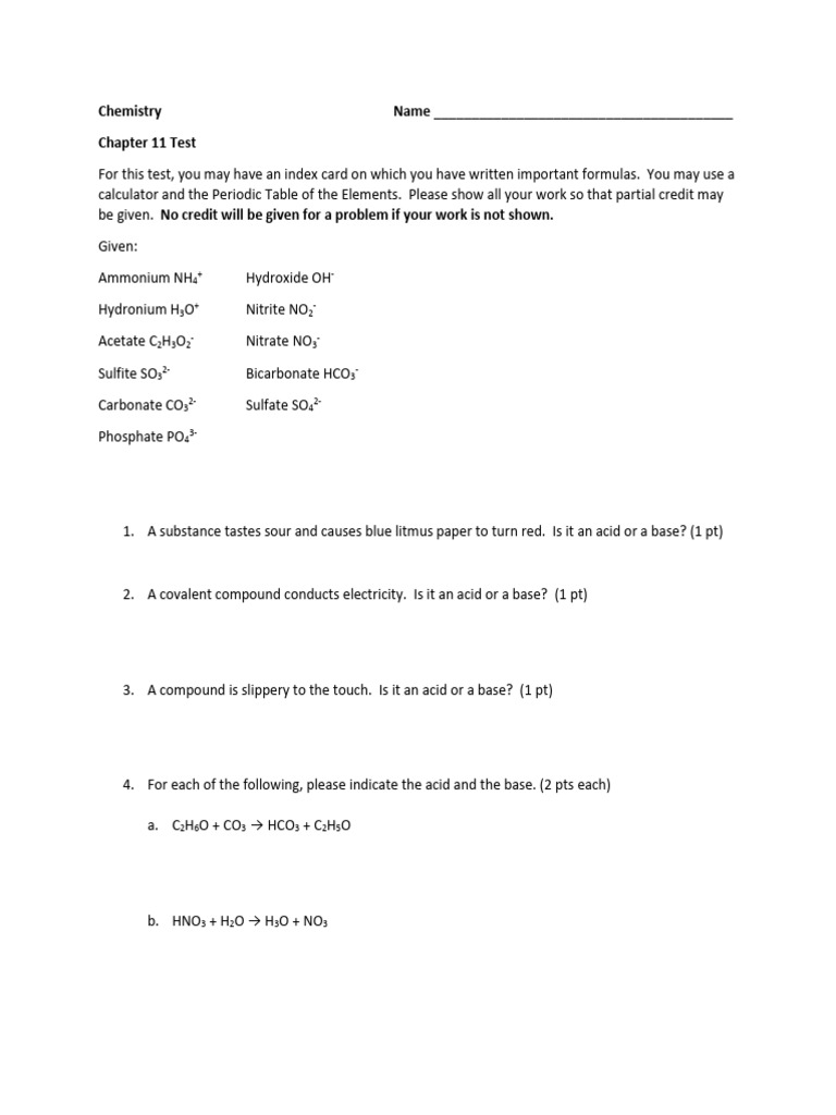 Chemistry Chapter 11 Test Questions | PDF | Acid | Bicarbonate