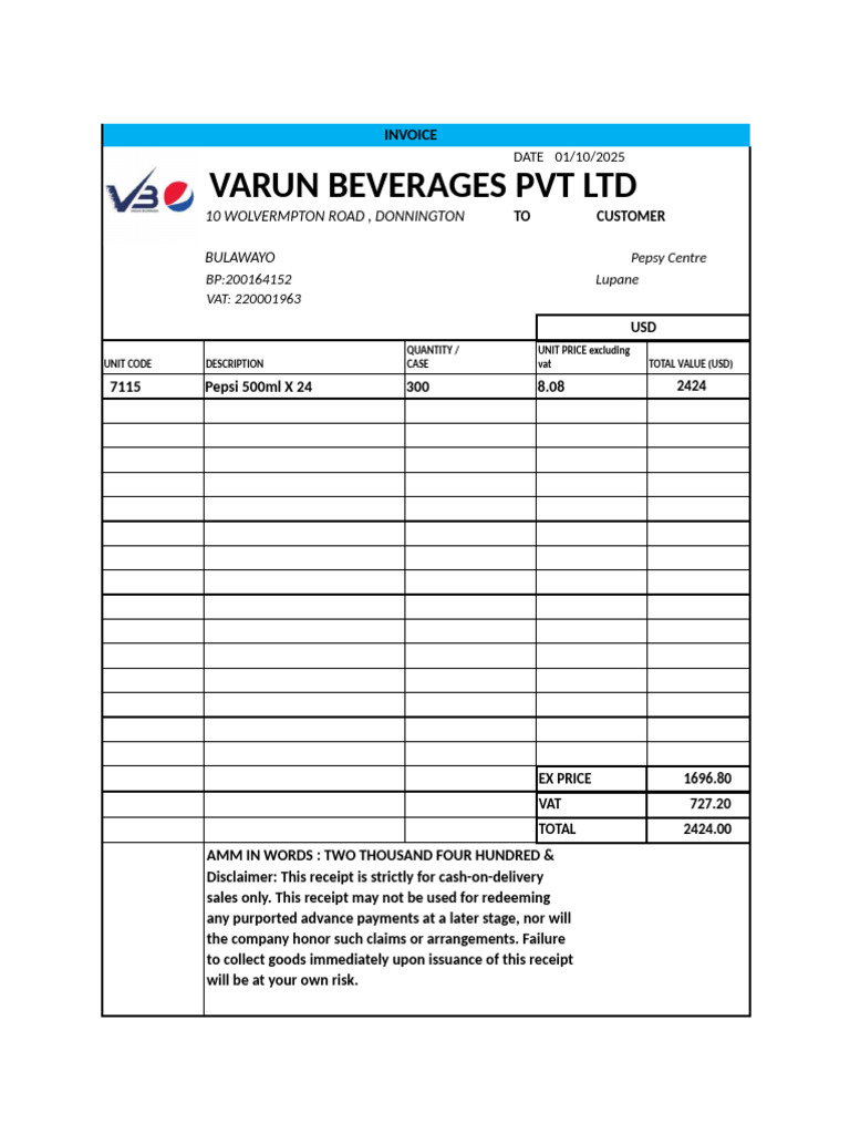 Invoice for Pepsi Order - Varun Beverages | PDF