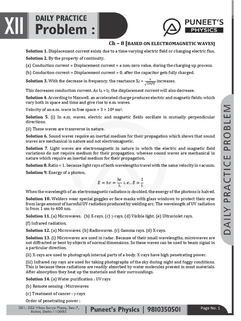 DPP 46 em Waves Solution | PDF | Electromagnetic Radiation | Waves