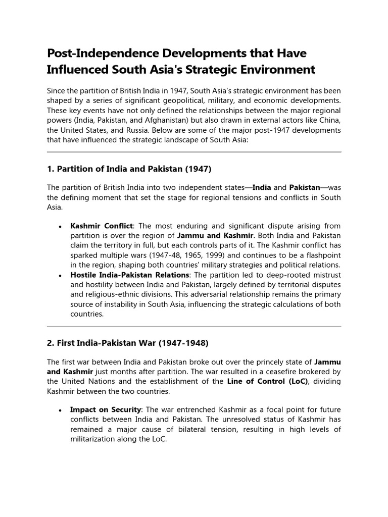 Post-Independence Developments That Have Influenced South Asia's ...