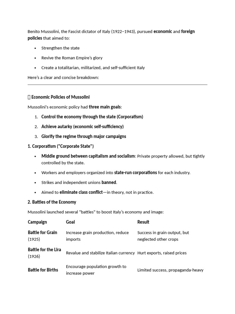 Mussolini Economic and Foreign Policies | PDF | Axis Powers | Benito ...