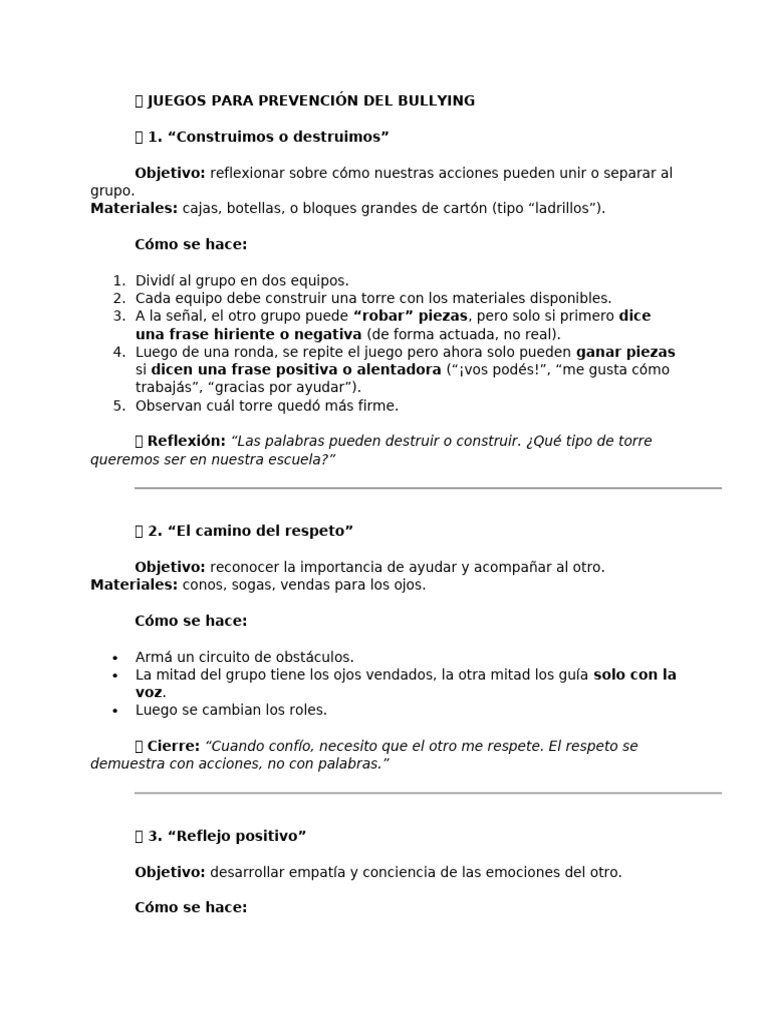 Juegos para prevenir bullying y fomentar respeto | PDF | Autoestima