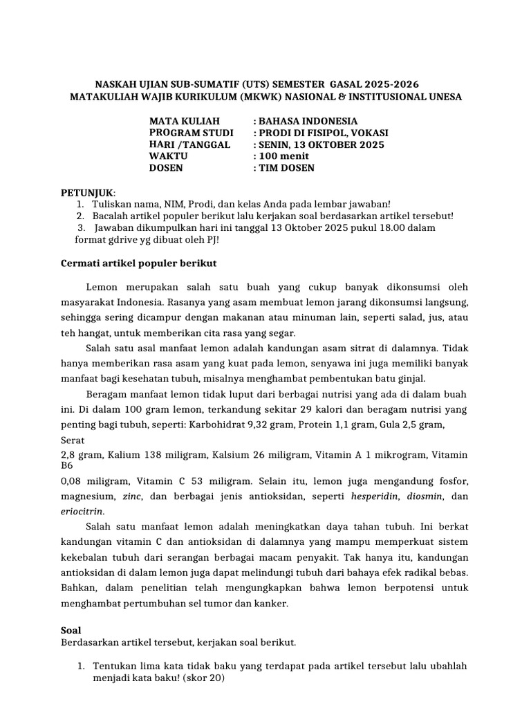 Naskah Ujian Tengah Semester Gasal 2025-2026 | PDF