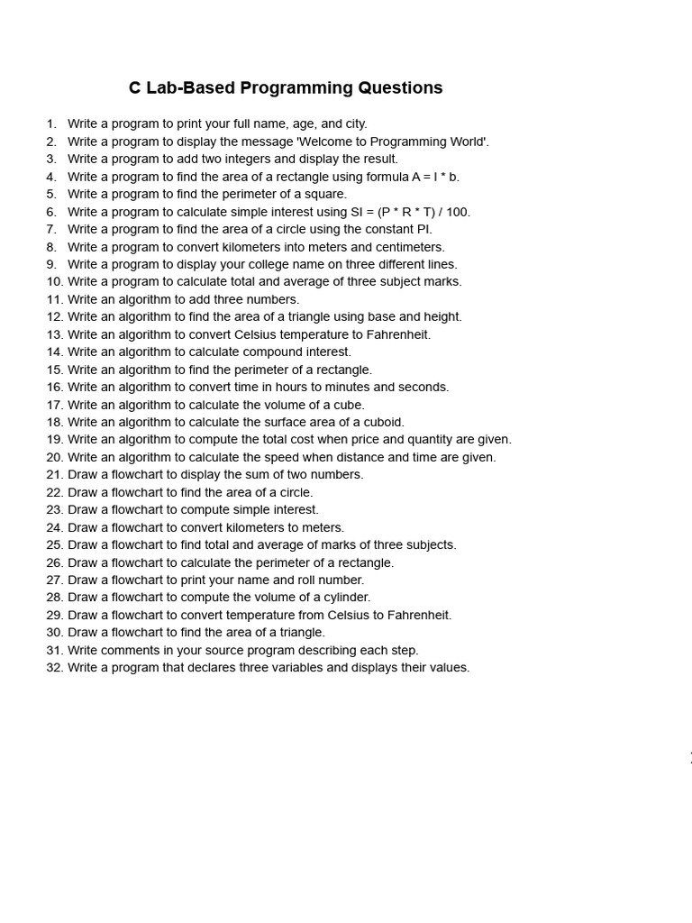 C Lab Programming Exercises and Algorithms | PDF