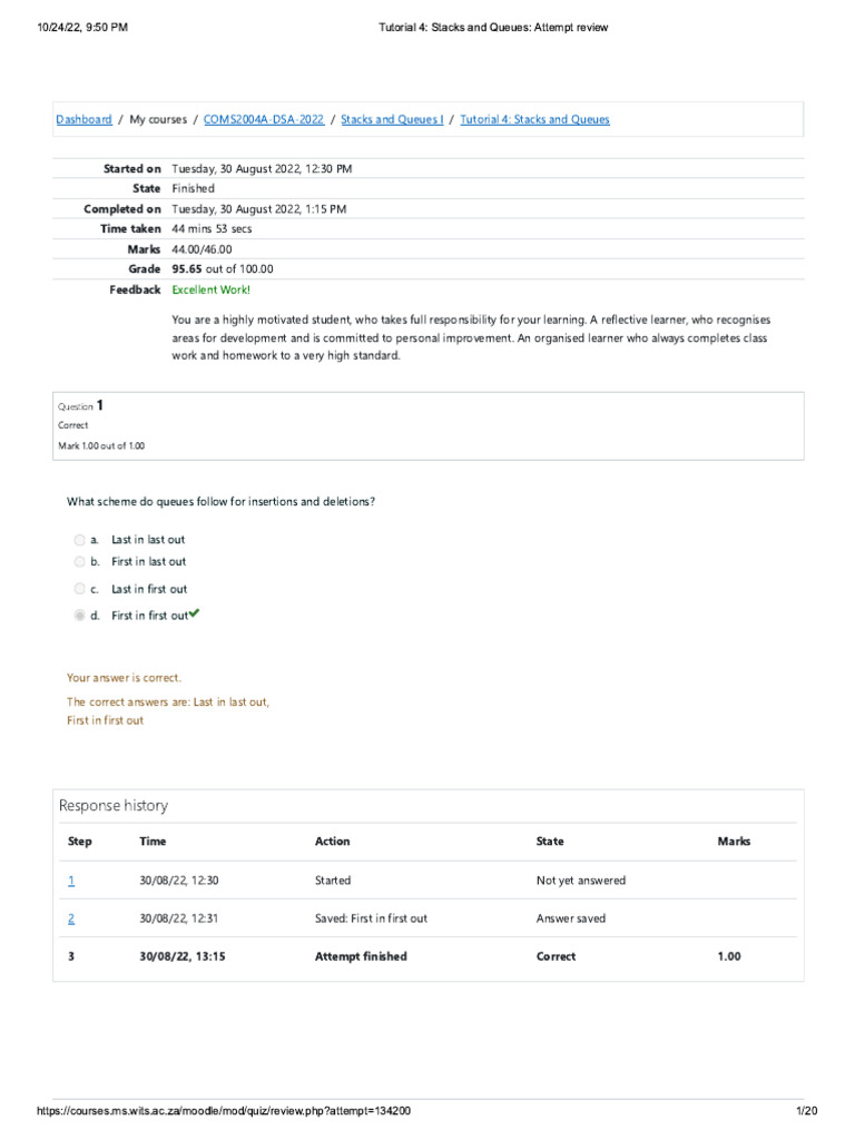 Tutorial 4 - Stacks and Queues - Attempt Review | PDF