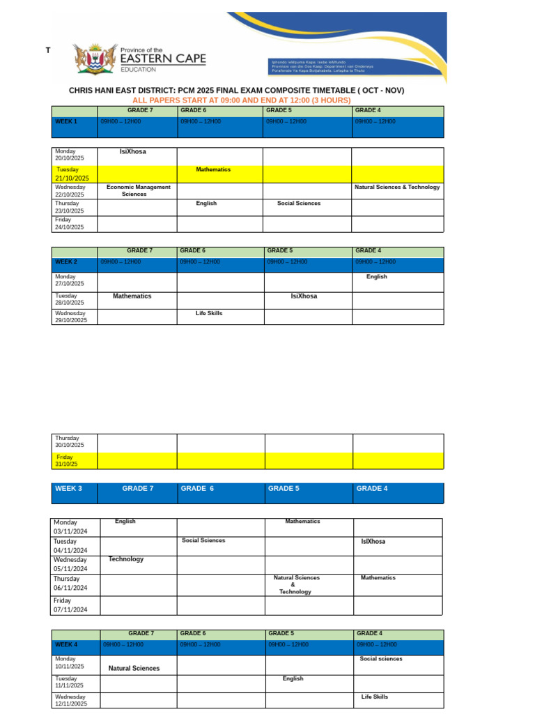 PCM 2025 Exam Timetable Overview | PDF