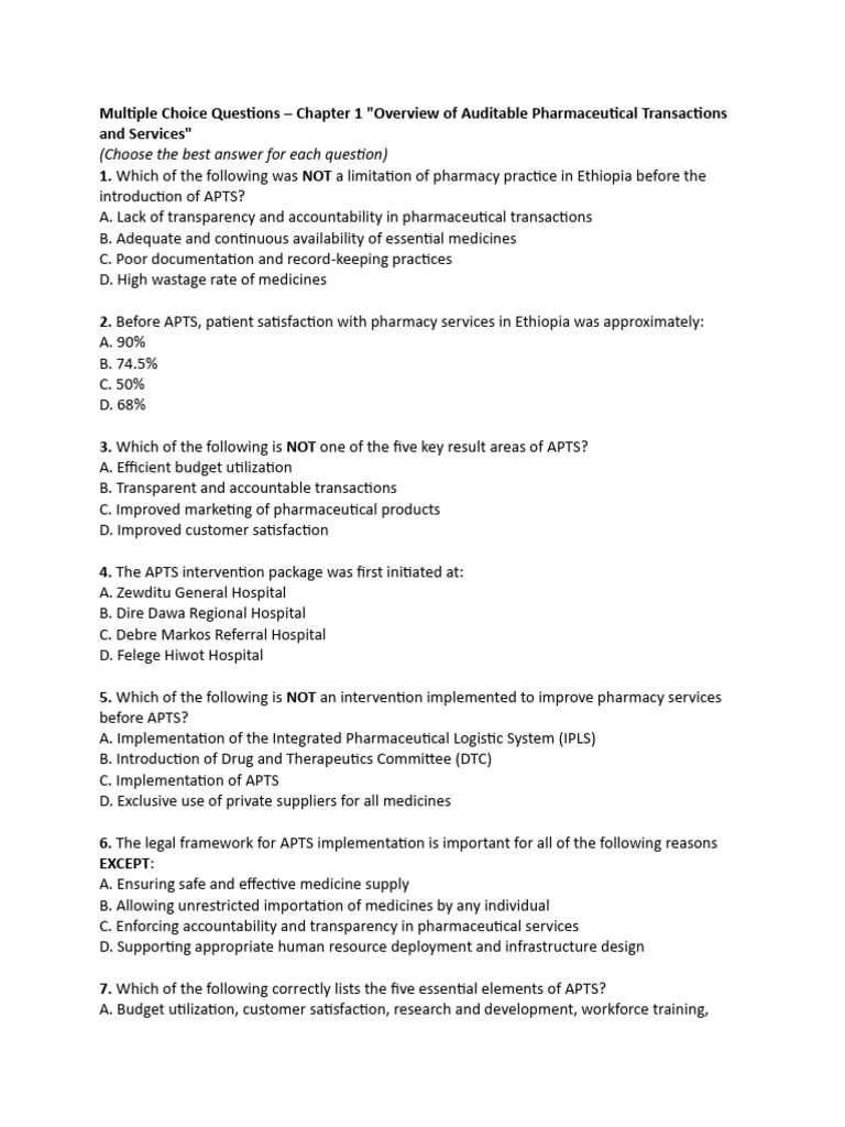 Multiple Choice Questions Chapter 1 | PDF | Pharmacy | Health Care