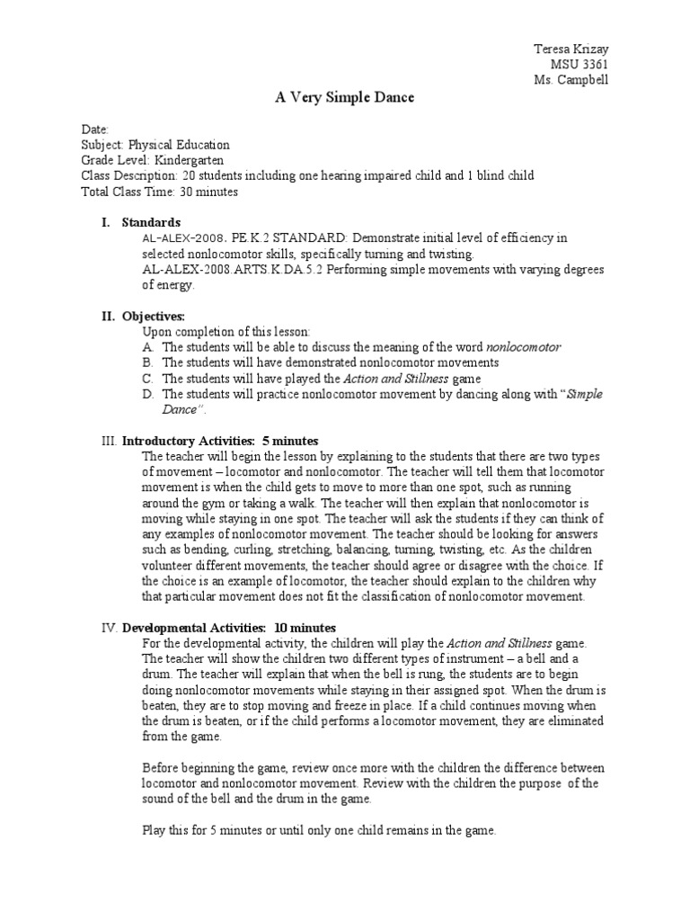 Simple Dance Lesson Plan | PDF | Physical Education | Lesson Plan