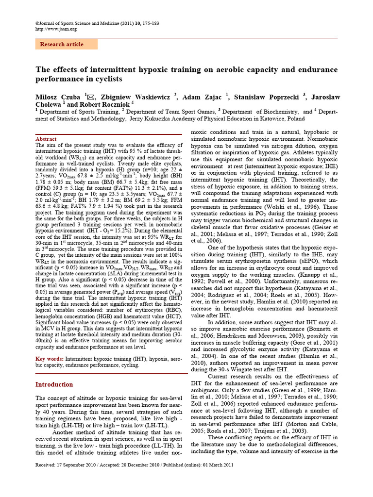 Intermittent Hypoxic Training in Cyclists | PDF | Sports Science ...
