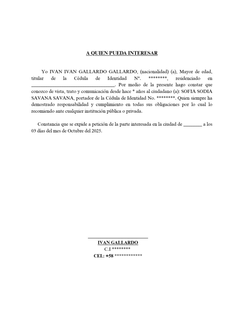 A Quien Pueda Interesar: Ivan Gallardo CEL: +58 | PDF