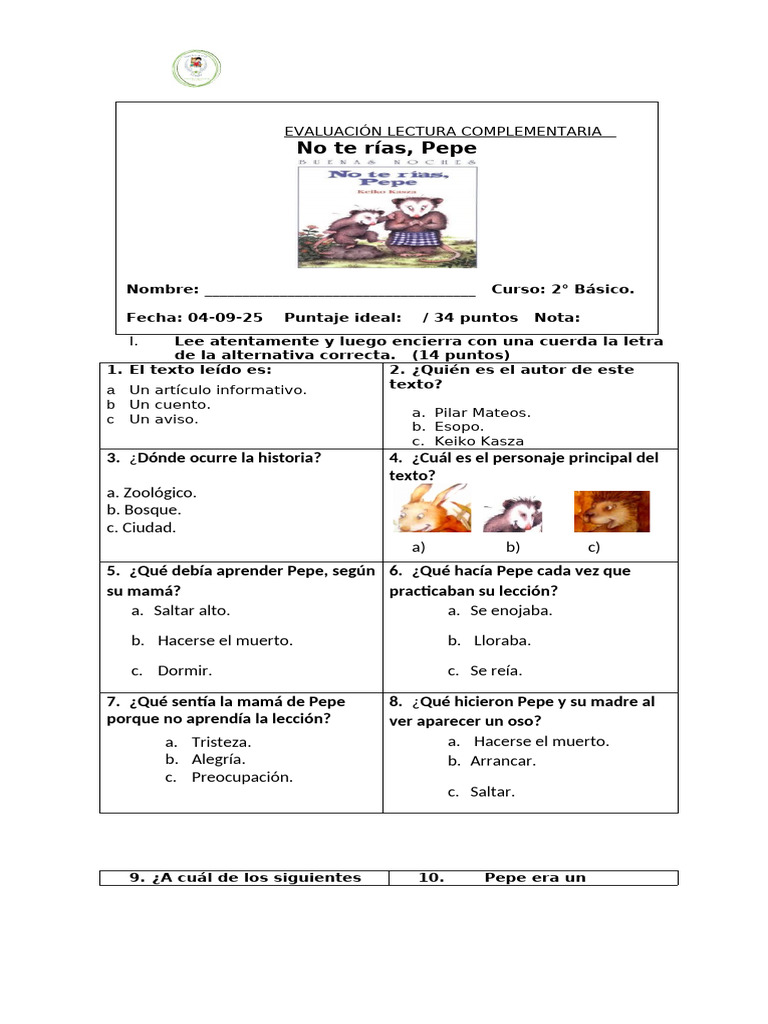 Prueba No Te Rias Pepe 2do Basico | PDF