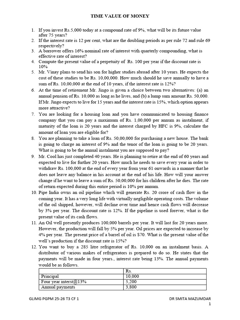 1-2 Time Value of Money Problems | PDF | Interest | Present Value