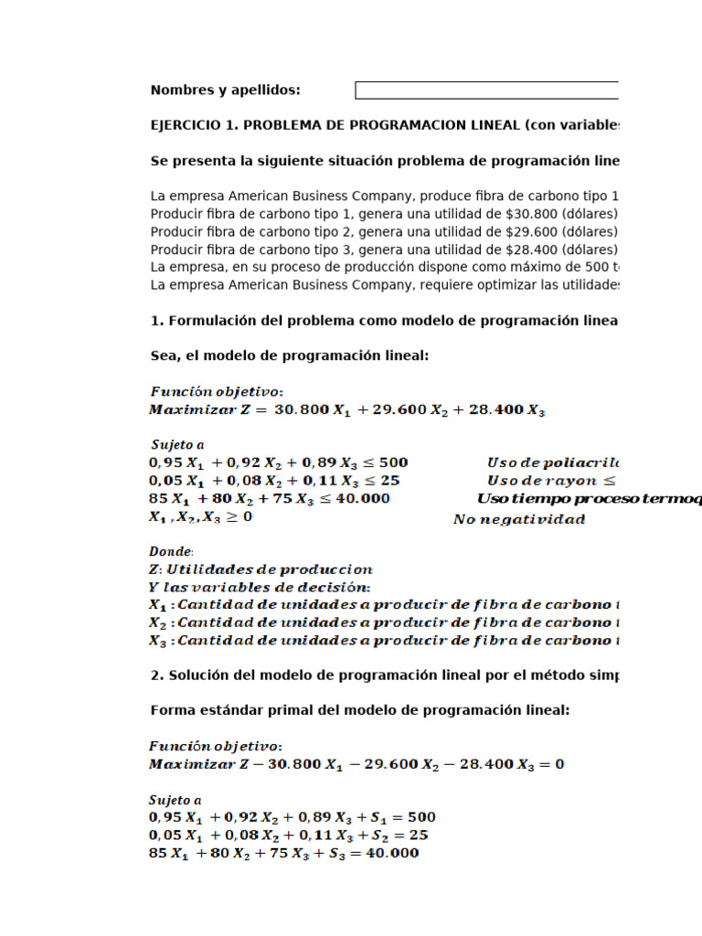 Plantillas Ejercicio 1 y 2 Problemas de Programacion Lineal y Entera - Tarea 1 | PDF ...