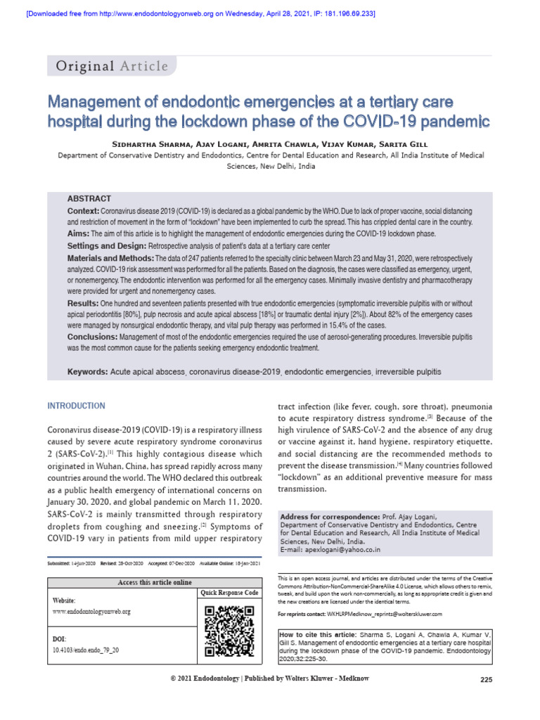 Management of Endodontic Emergencies at A Tertiary Care - Imp | PDF ...