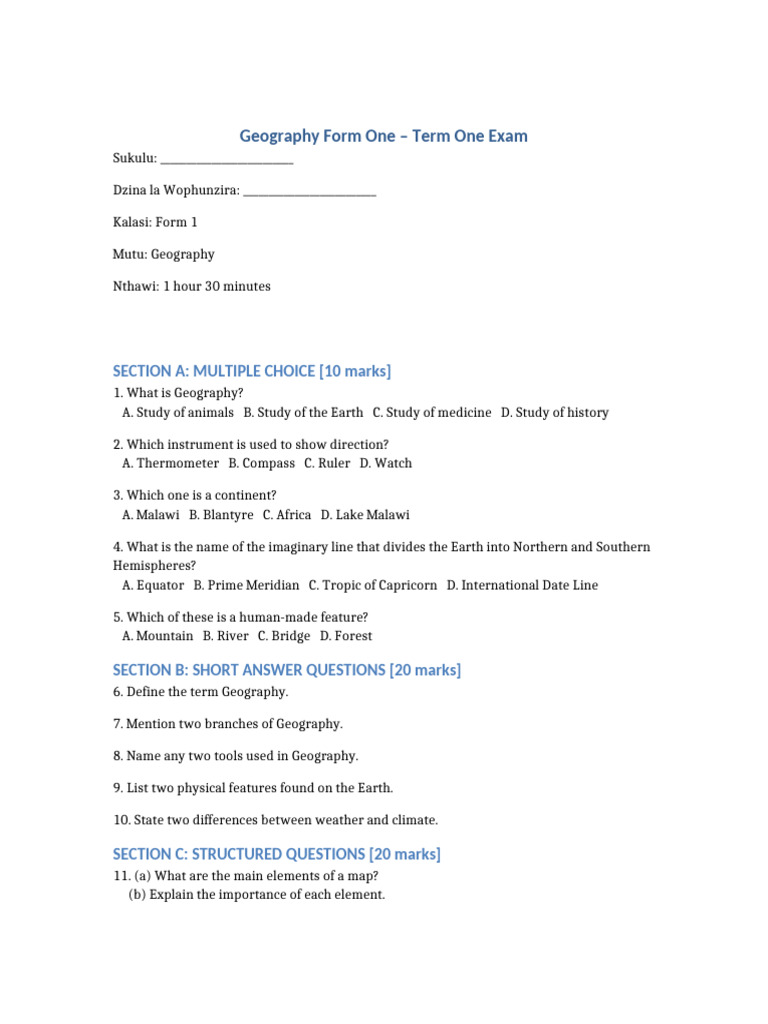 Geography Form One Exam Guide | PDF