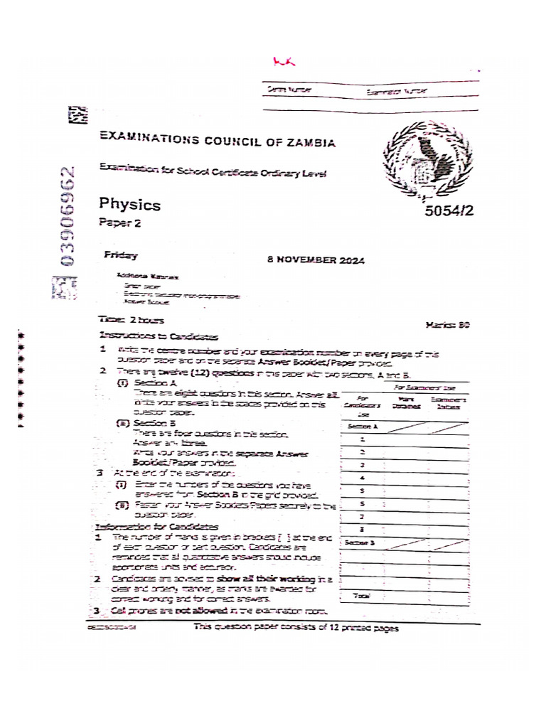 Physics 5054 2024 SC QP & Ms-1 | PDF